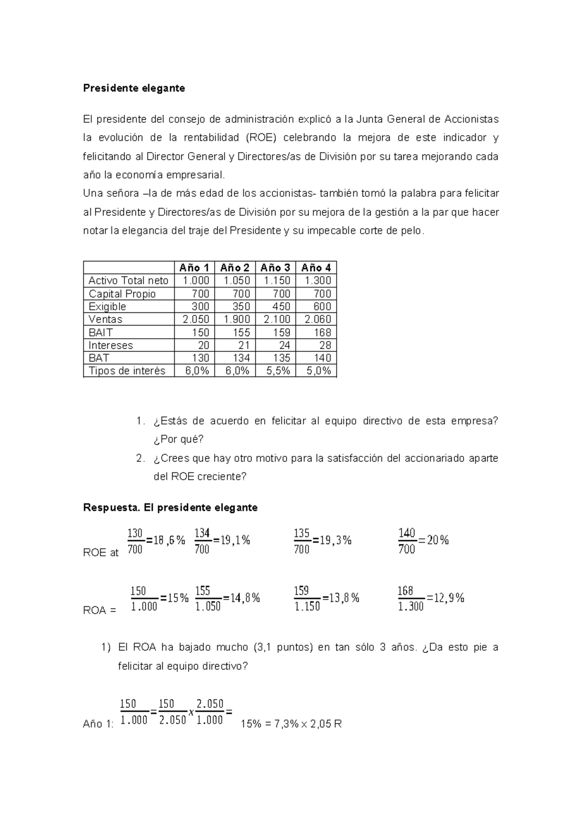 1 - Ejercicio ROE/ROA - Presidente elegante El presidente del consejo de administración explicó ...