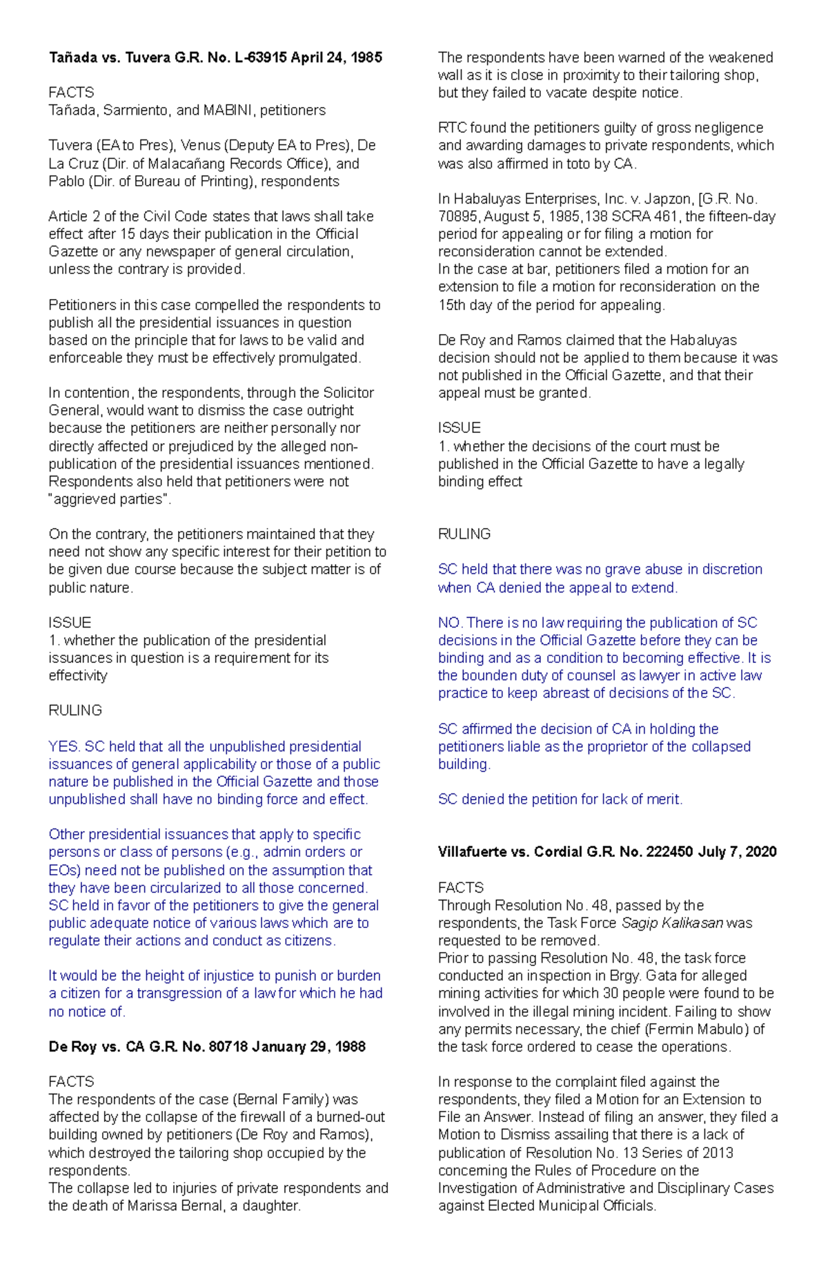 Persons and Family Relations - Tañada vs. Tuvera G. No. L-63915 April 24, 1985 FACTS Tañada ...