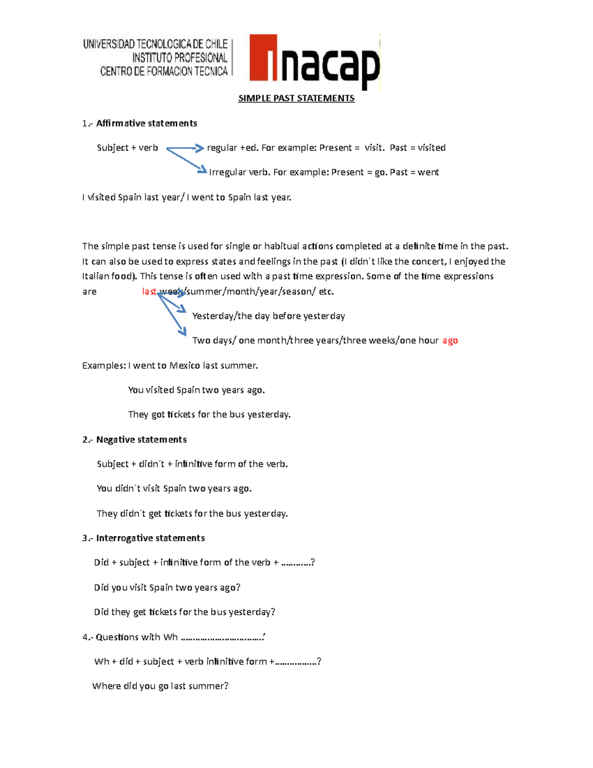 Past Tense Apuntes de evaluacion - SIMPLE PAST STATEMENTS 1 ...