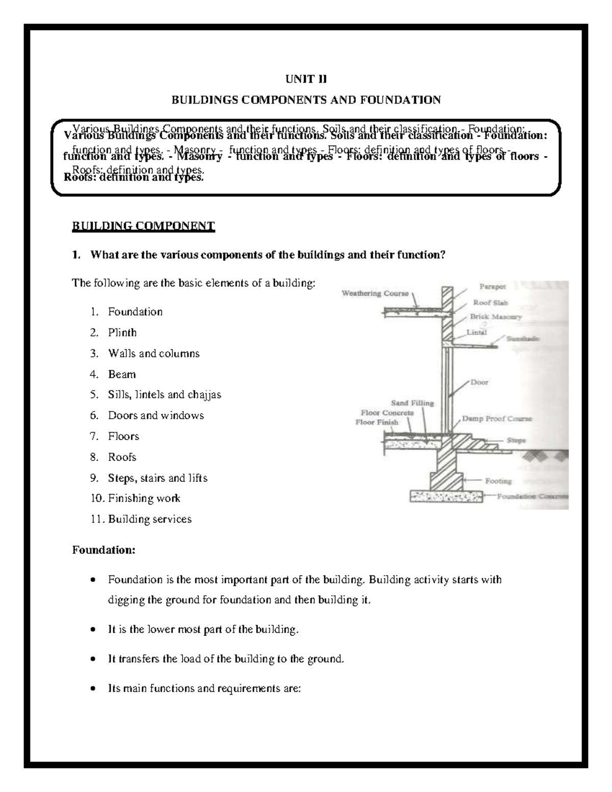 UNIT 2 - Civil Engineering - UNIT II BUILDINGS COMPONENTS AND ...