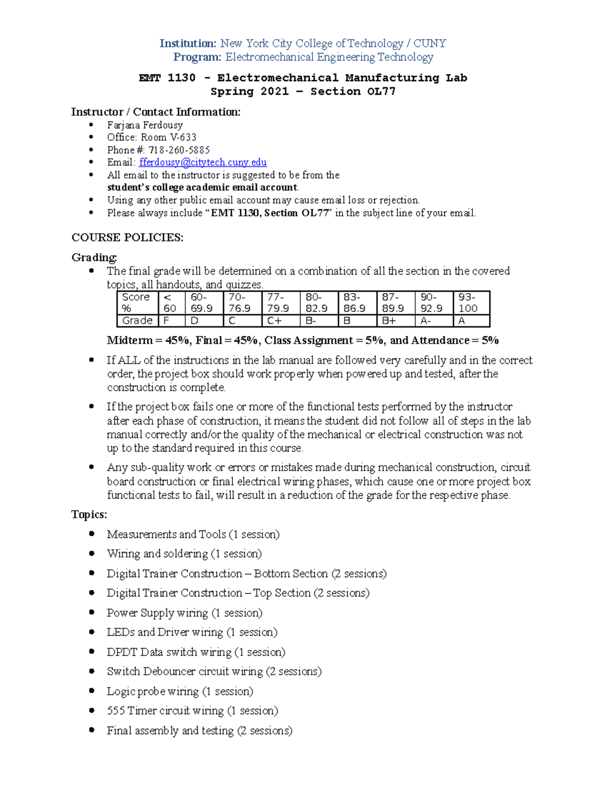 EMT 1130 Syllabus, OL77 - Institution: New York City College of ...