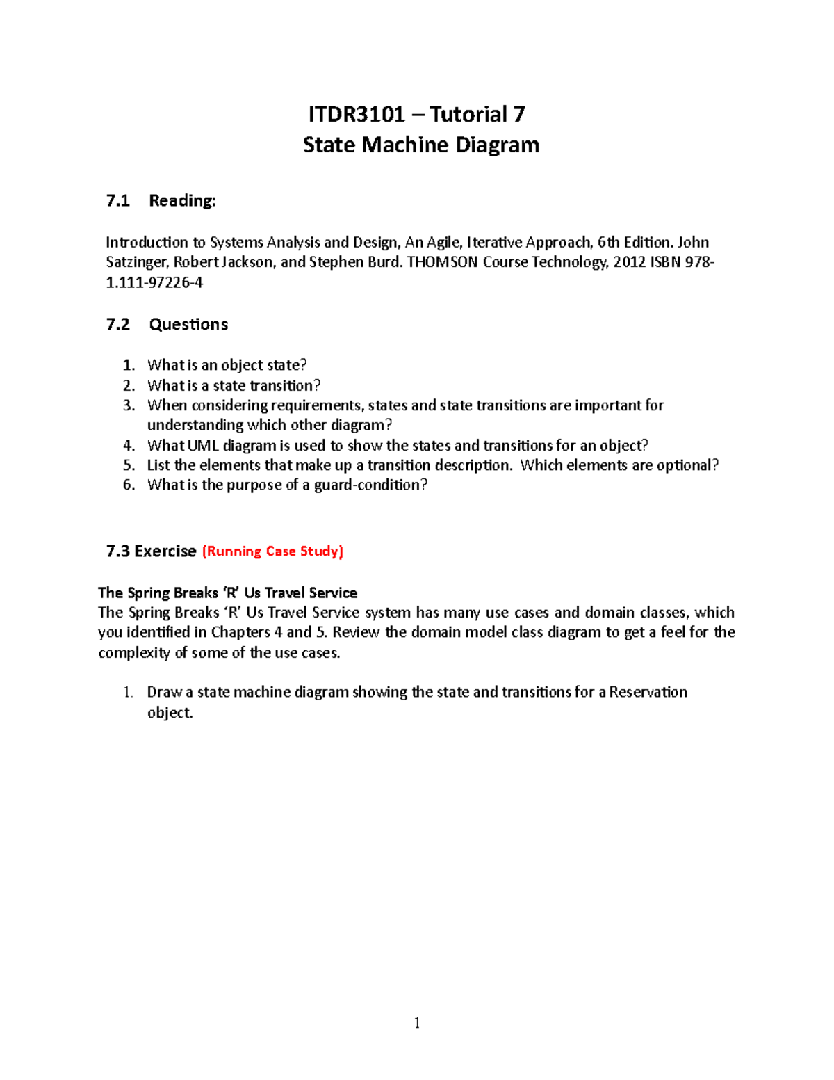 Tutorial 7 - State Machine Diagram - ITDR3101 – Tutorial 7 State ...