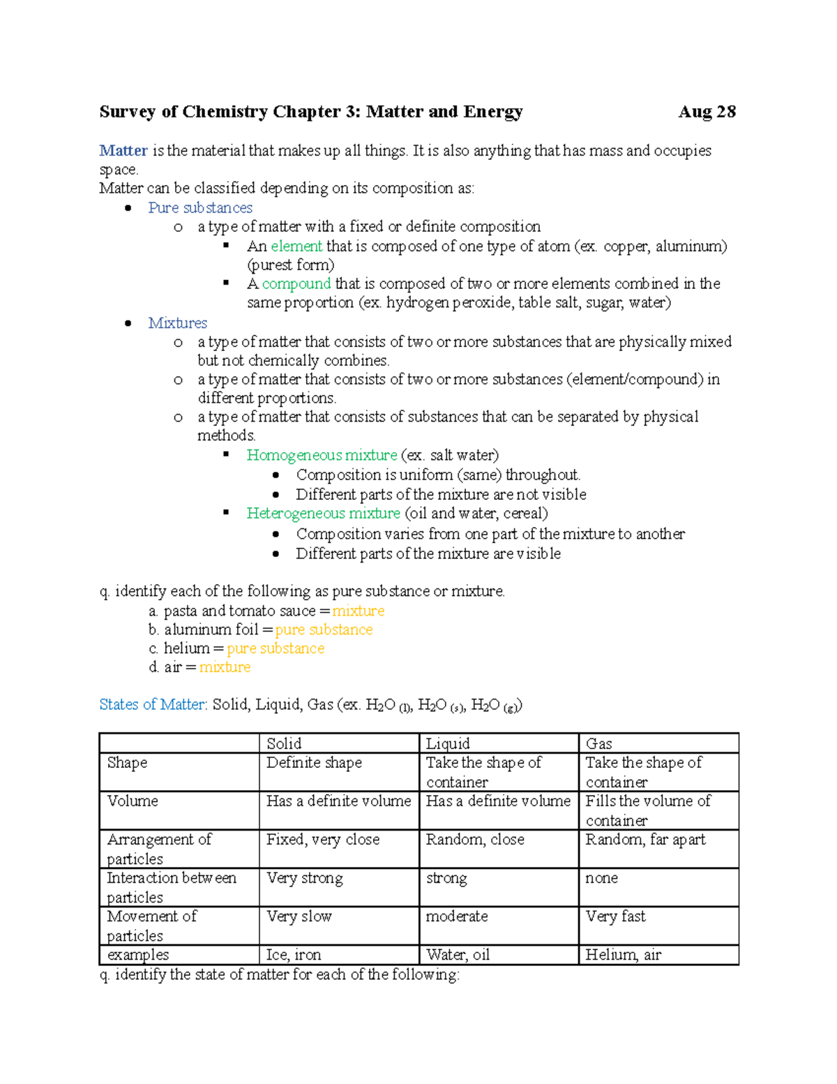 Chem 1 - Matter and Energy - Survey of Chemistry Chapter 3: Matter and ...
