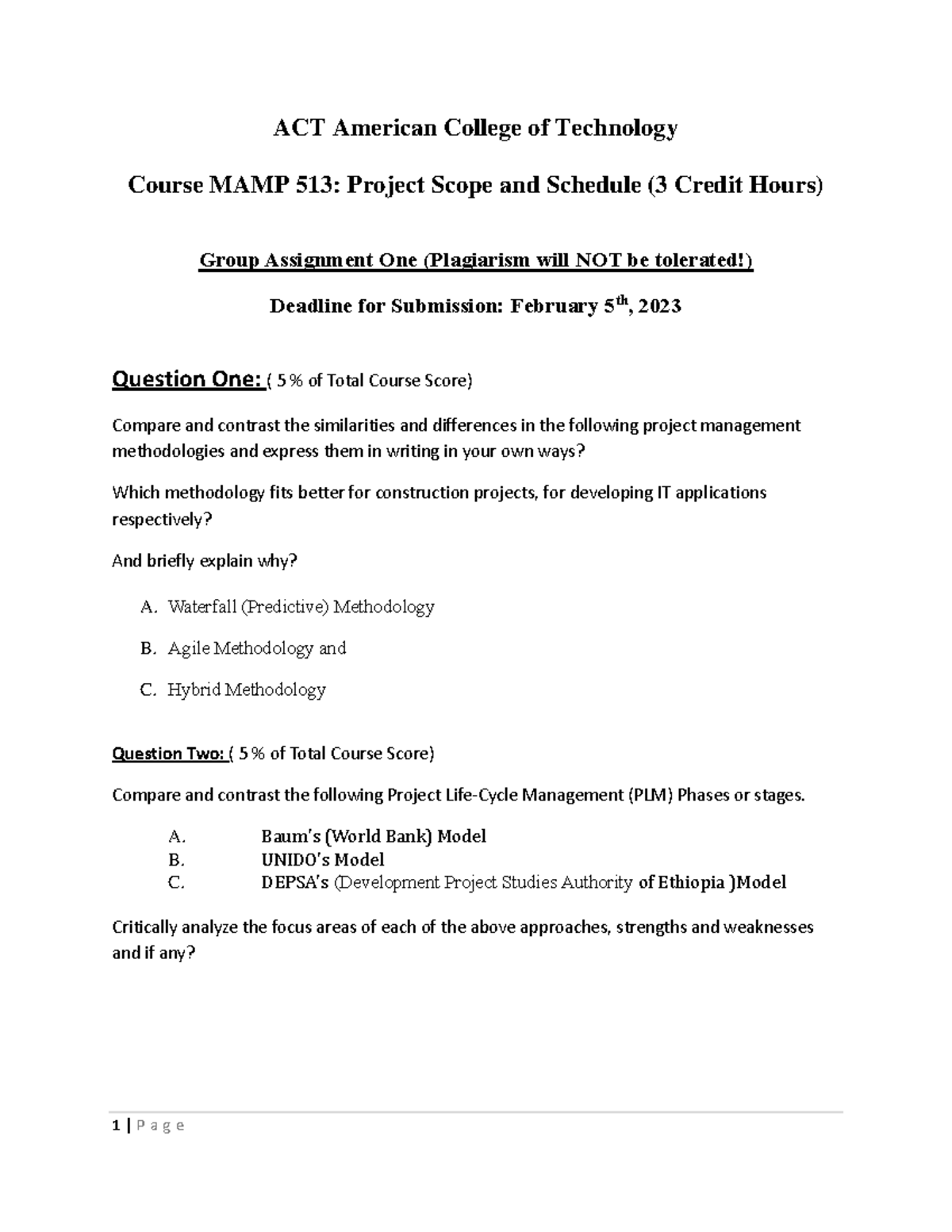 MAPM 513 Course Group Assignment - 1 | P a g e ACT American College of ...