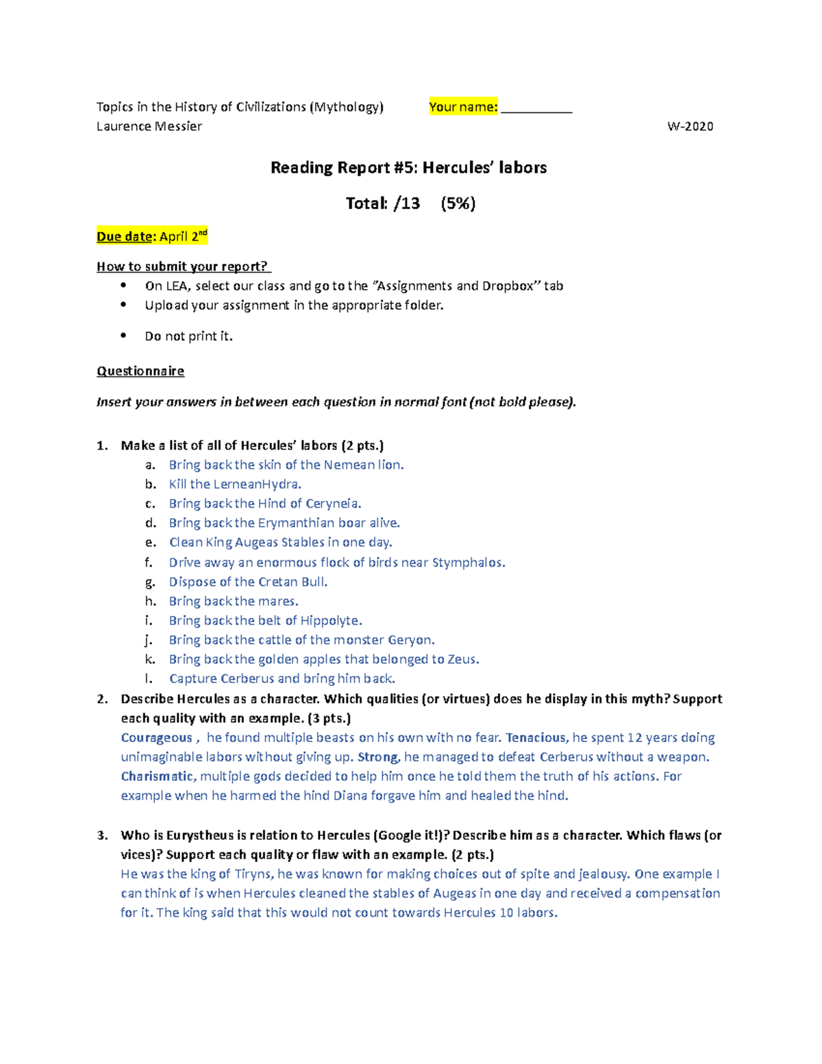 Reading Report 5 Labors Of Hercules - Topics in the History of ...