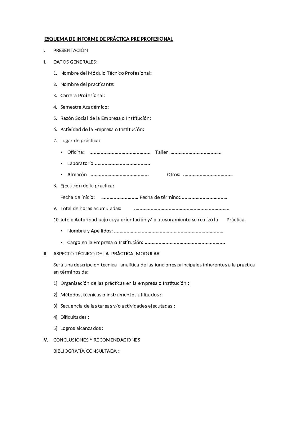 Esquema DE Informe DE Práctica PRE Profesional - ESQUEMA DE INFORME DE PRÁCTICA PRE PROFESIONAL ...