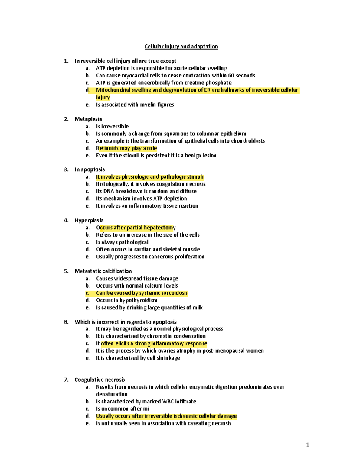 Cell injury - mcq - Cellular injury and adaptation 1. In reversible ...