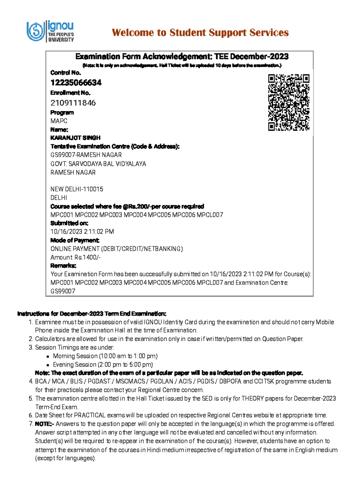 Ignou Examination Form Acknowledgement - Examination Form ...