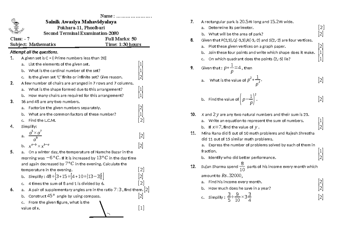 2nd term Mathematics 7 - Summary management accounting - Name ...