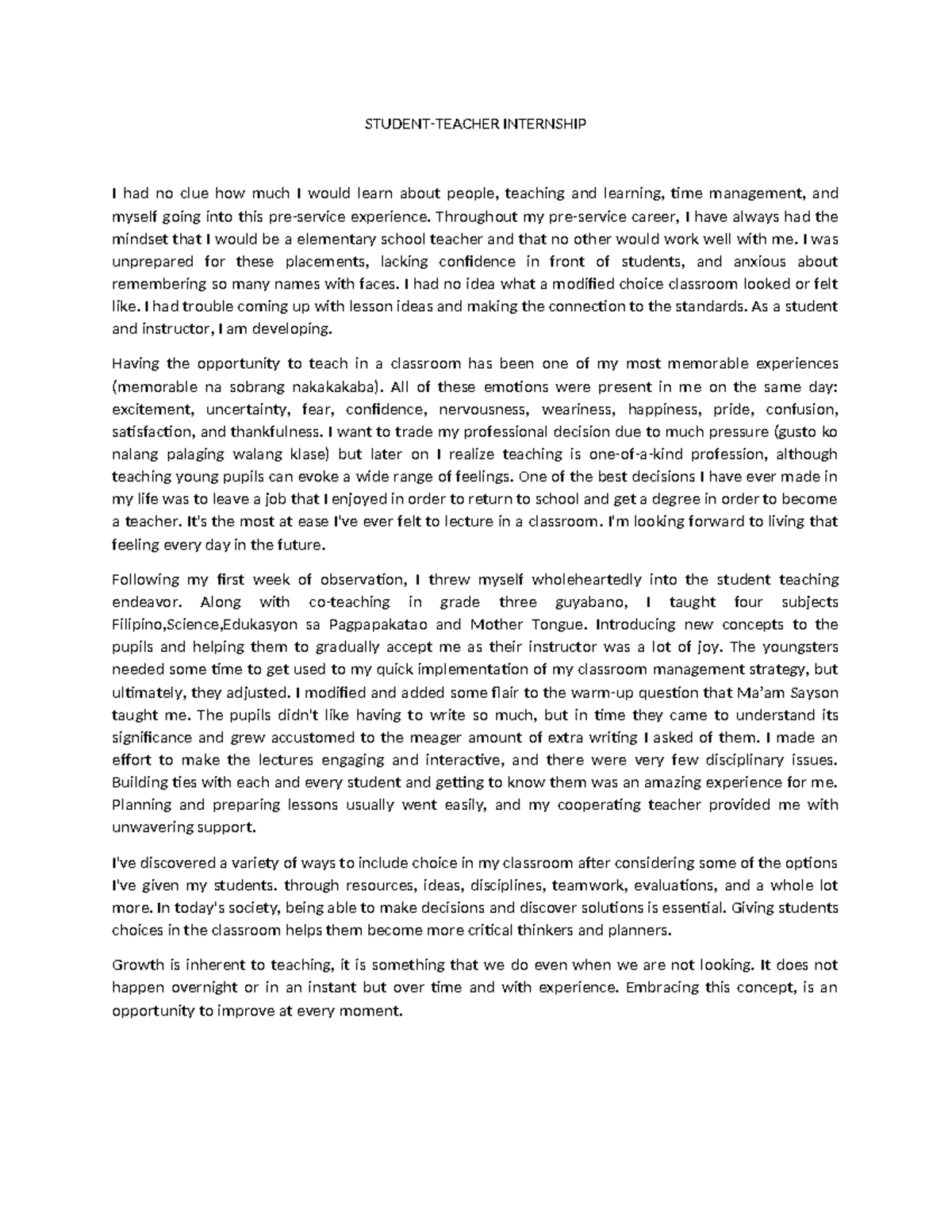 Reflection paper about student teacher reflective - STUDENT-TEACHER ...