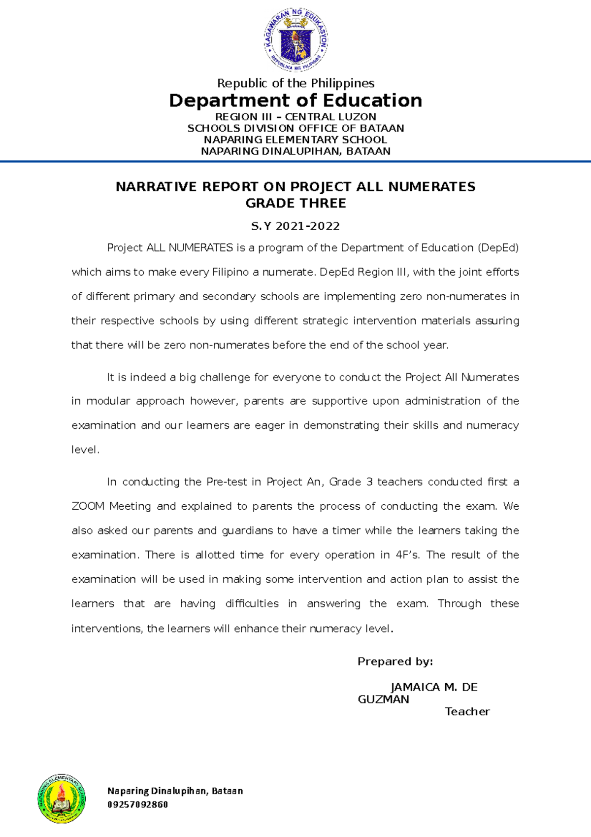 Grade 3 Narrative Report ON Project ALL Numerates Republic Of The