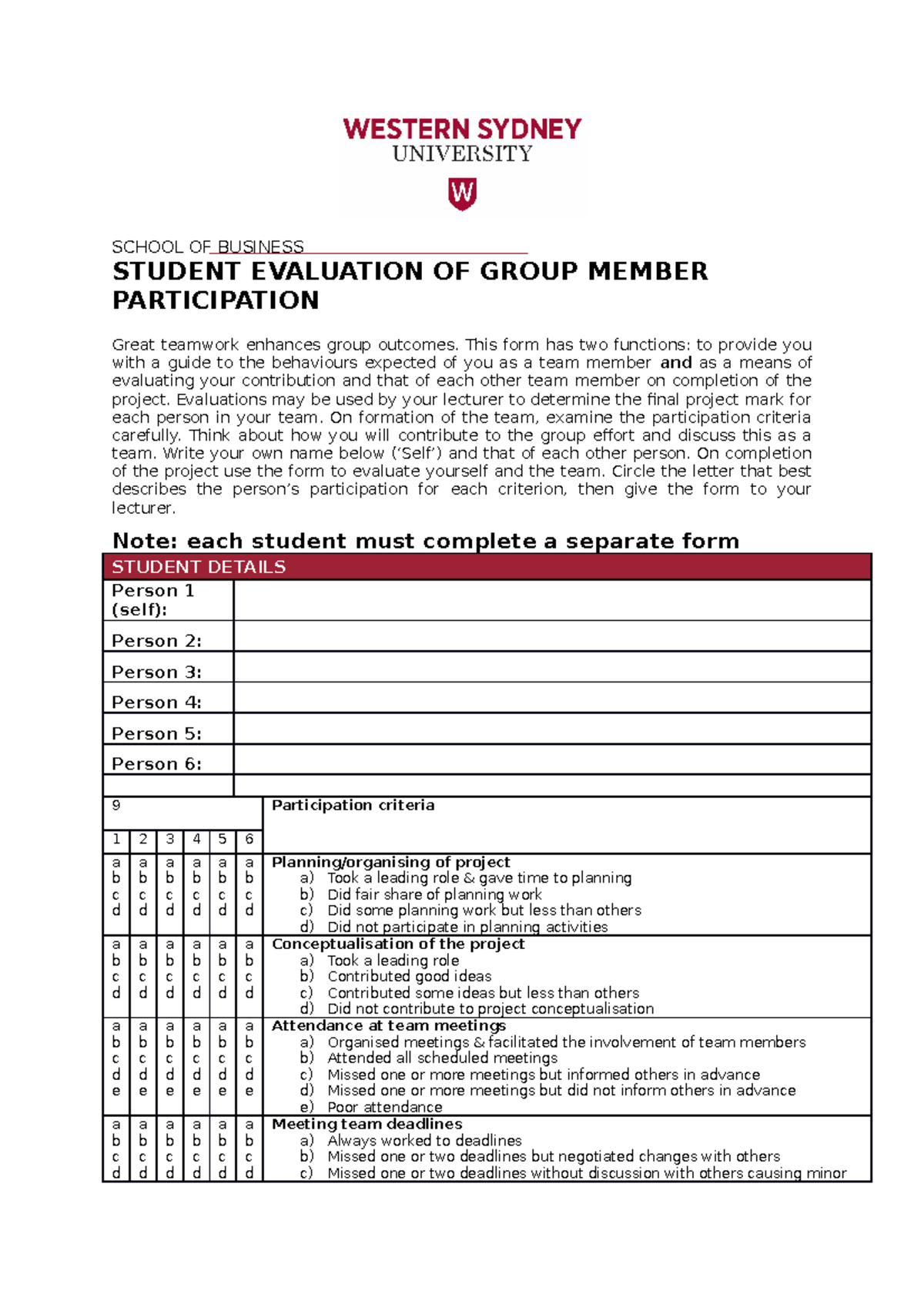 Student Evaluation of Group Members- Print - SCHOOL OF BUSINESS STUDENT ...