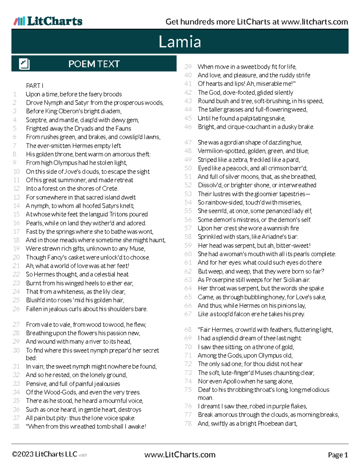 Lit Charts-lamia - literature - Lamia POEM TEXTPOEM TEXT PART I 1 Upon ...