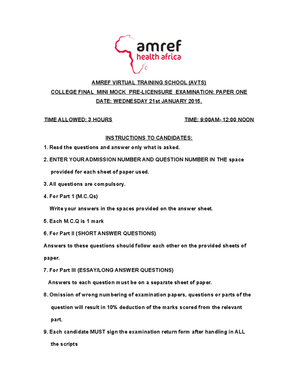 Mini Mock paper 1-1 - nursing exam sample - AMREF VIRTUAL TRAINING ...