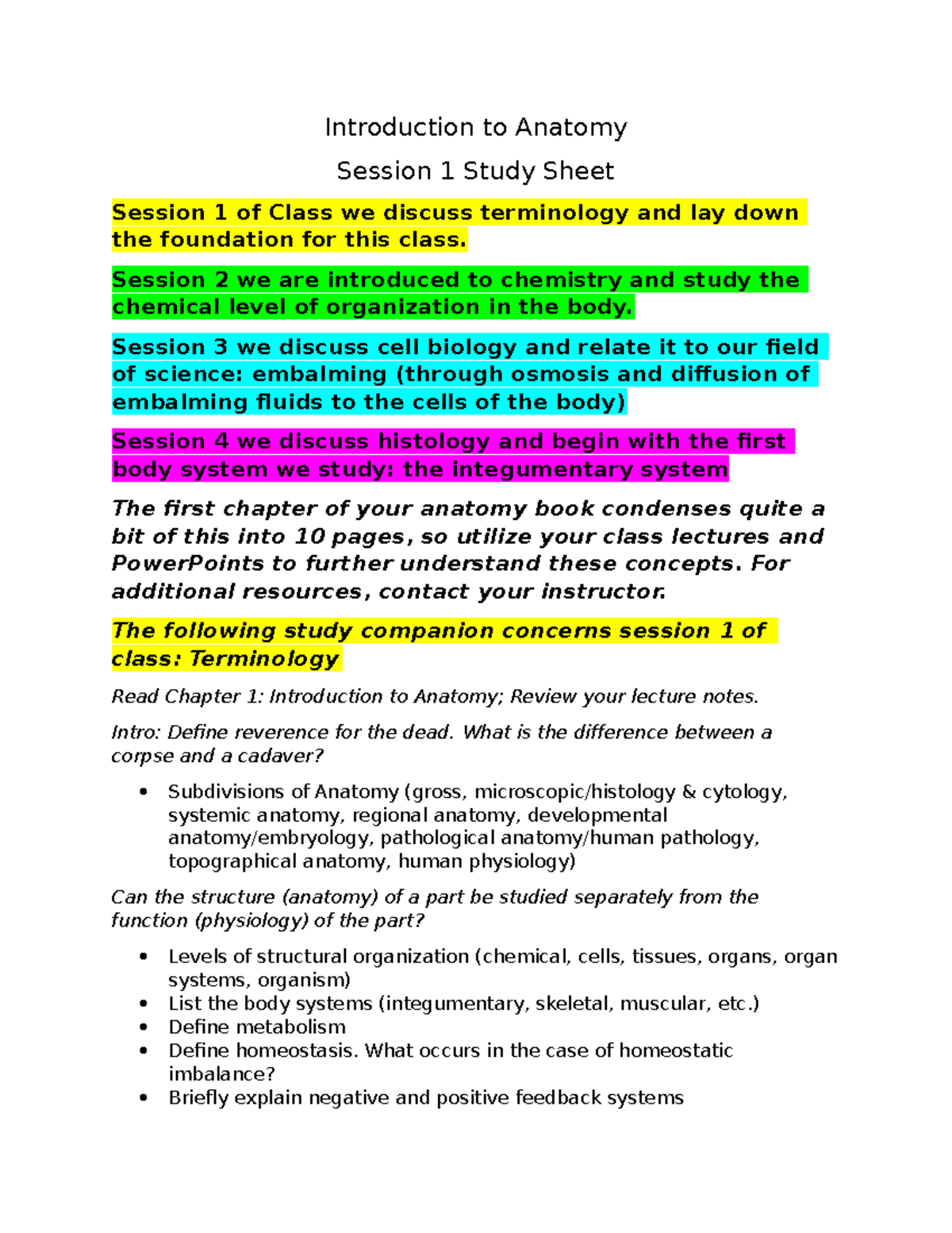 Introduction to Anatomy Study Notes - Introduction to Anatomy Session 1 ...