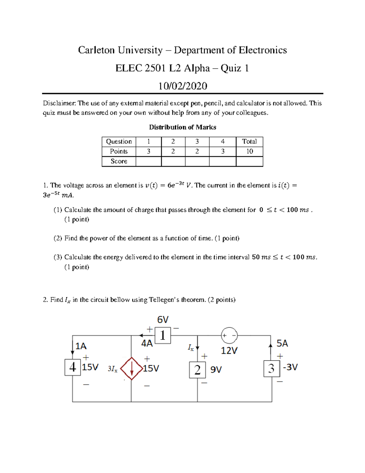 Quiz1 - ELEC 2501 Quiz 1 - Carleton University – Department of Electronics ELEC 2501 L2 Alpha ...