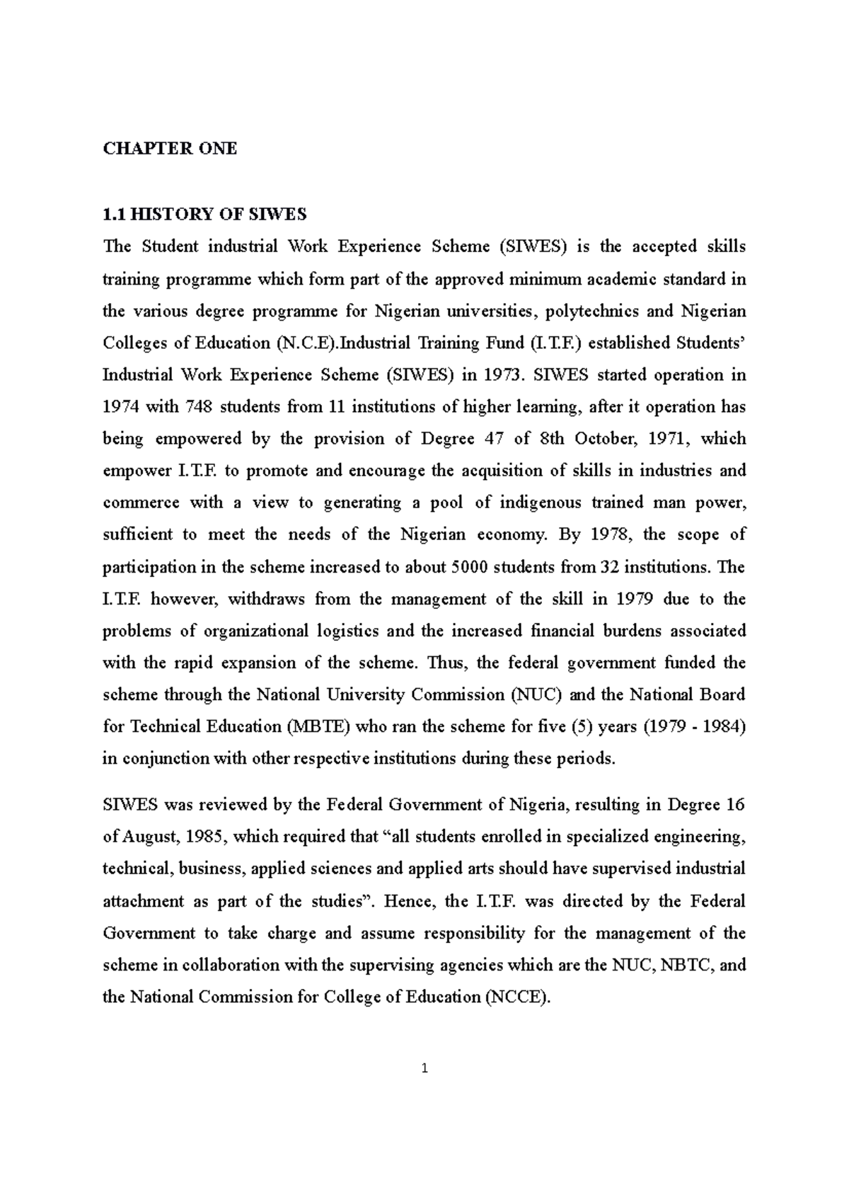 Technical Report Elec - CHAPTER ONE 1 HISTORY OF SIWES The Student ...