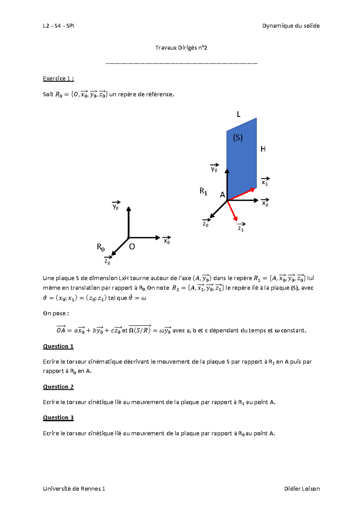TD2 - Torseurs cinétique et dynamique - L2 - S4 - SPI Dynamique du ...