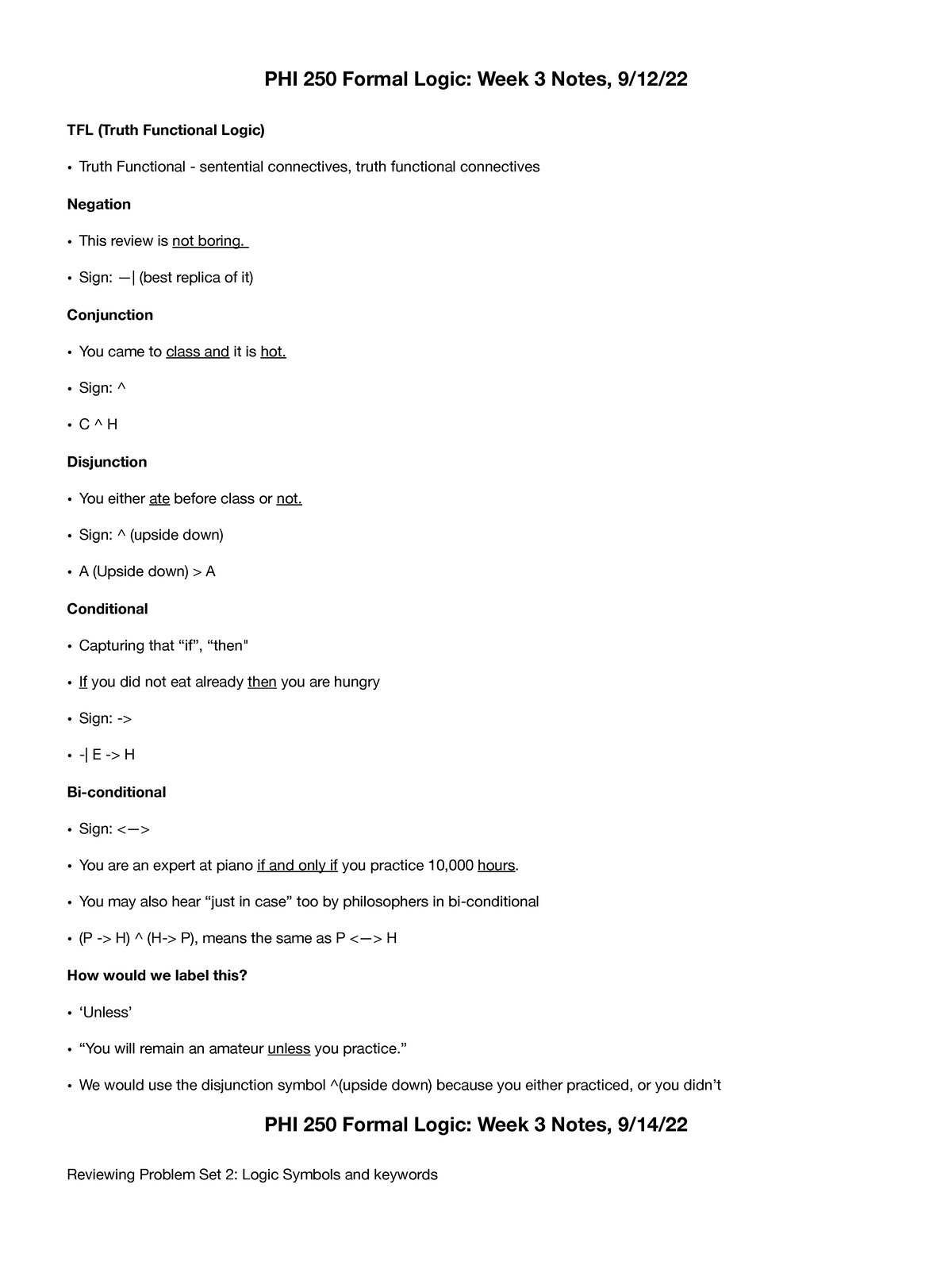 PHI 250 - Week 3 Notes - PHI 250 Formal Logic: Week 3 Notes, 9/12/ TFL ...