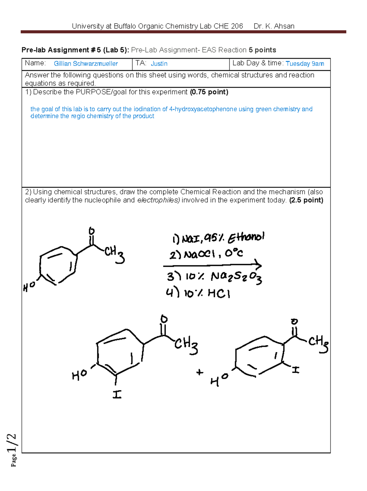 PRE LAB Assignment (EAS-Lab 5) -CHE 206 - University at Buffalo Organic ...
