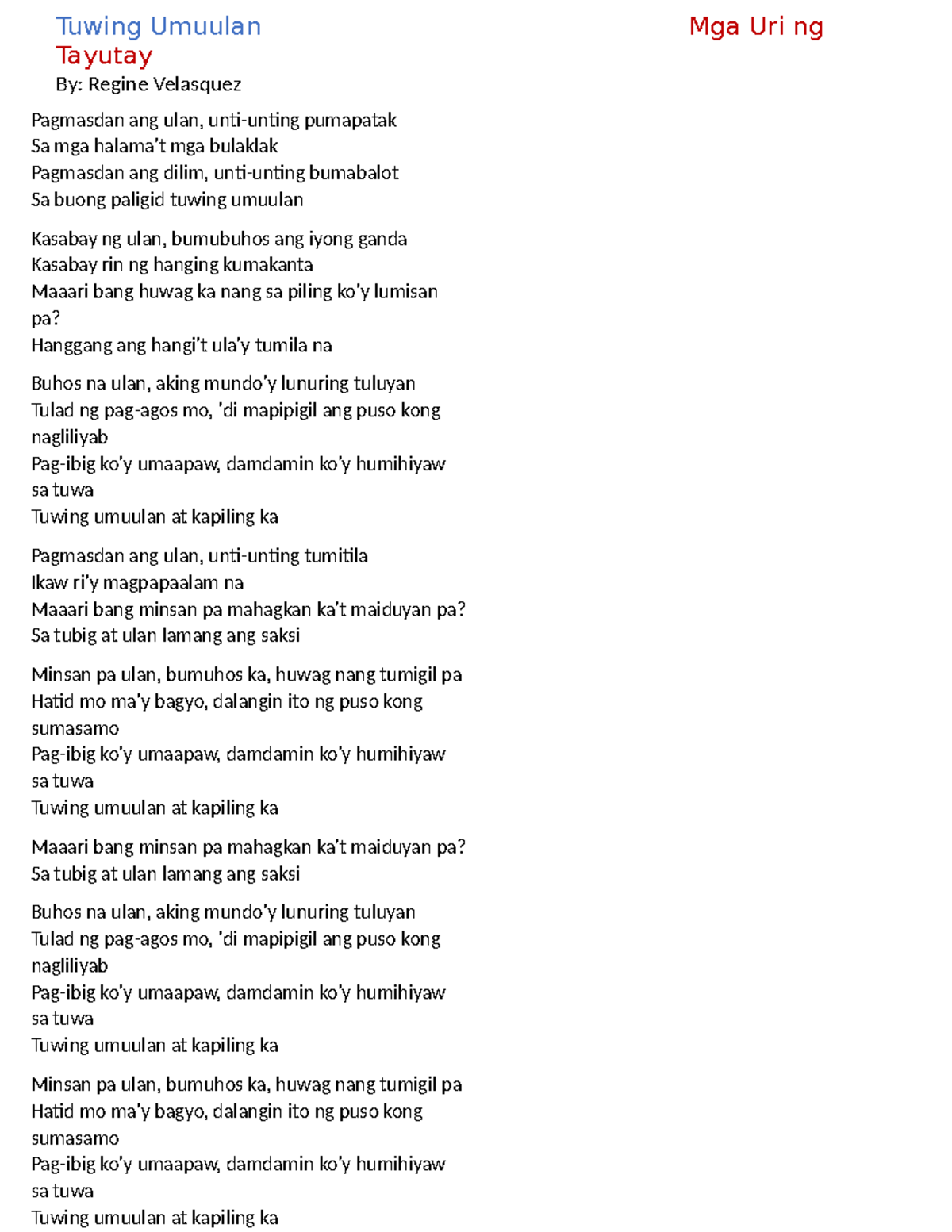 Tuwing umuulan - Studocu