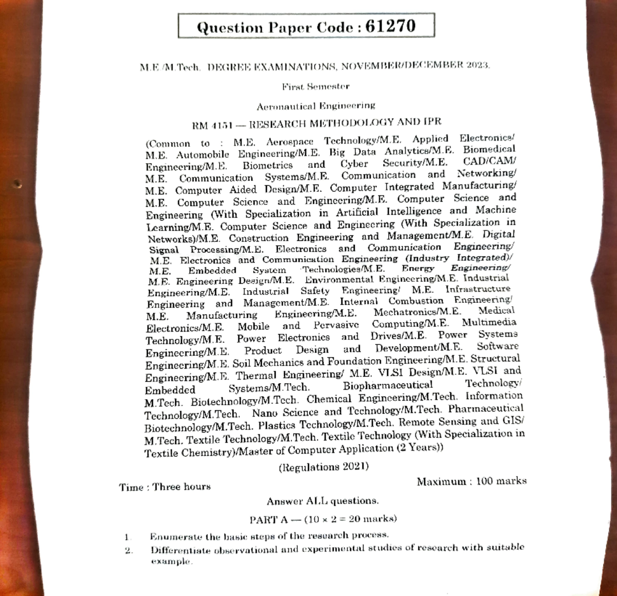 Research methodology - QuestionPaper Code: 61270 2. MEMTech. DEGREE EXAMINATIONS, NOVEMBER ...