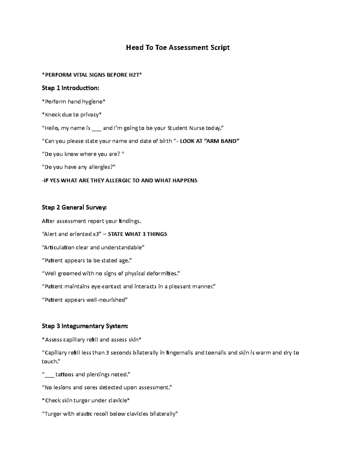Head to Toe Script - head to toe - Head To Toe Assessment Script ...