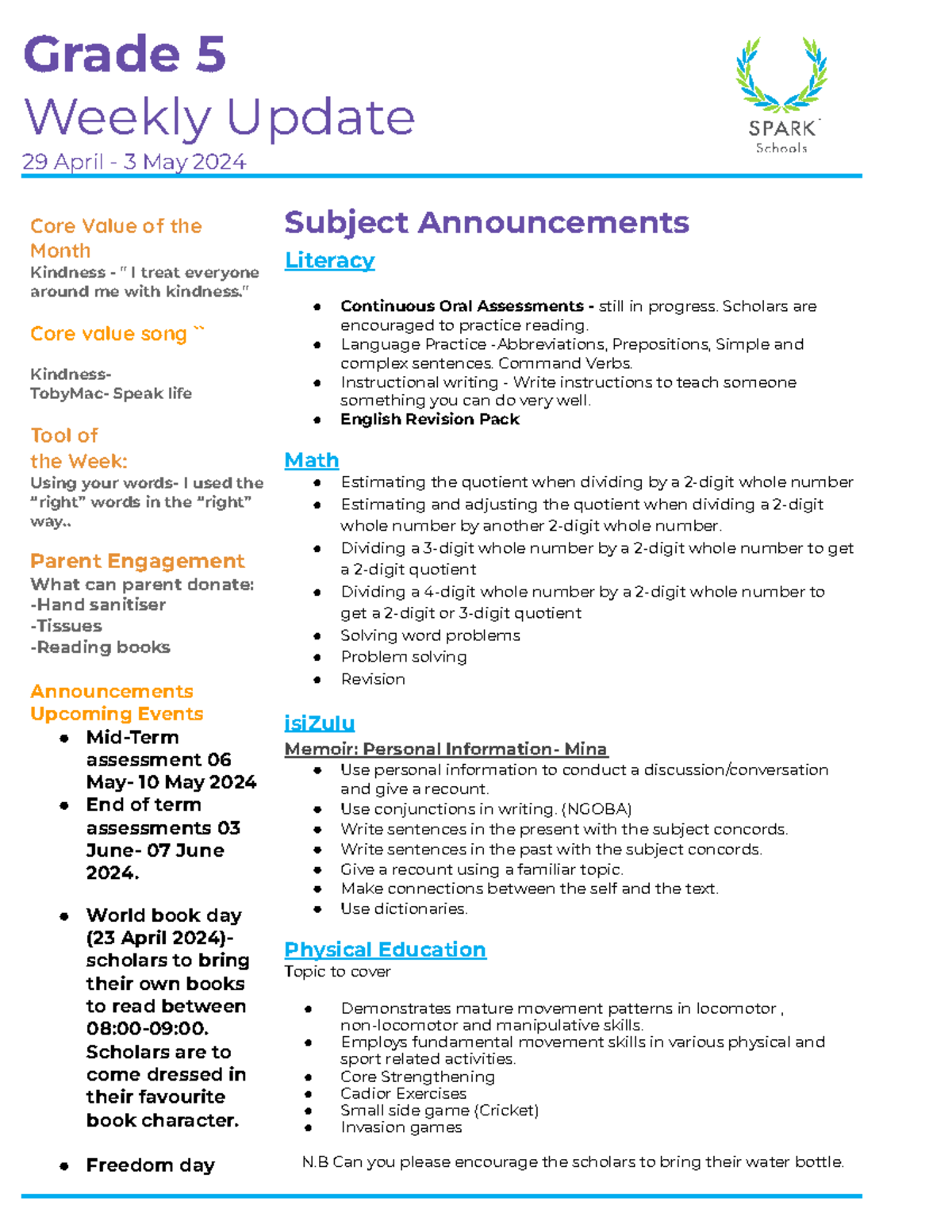 Term 2 Grade 5- Week 4 Weekly update - Grade 5 Weekly Update 29 April ...