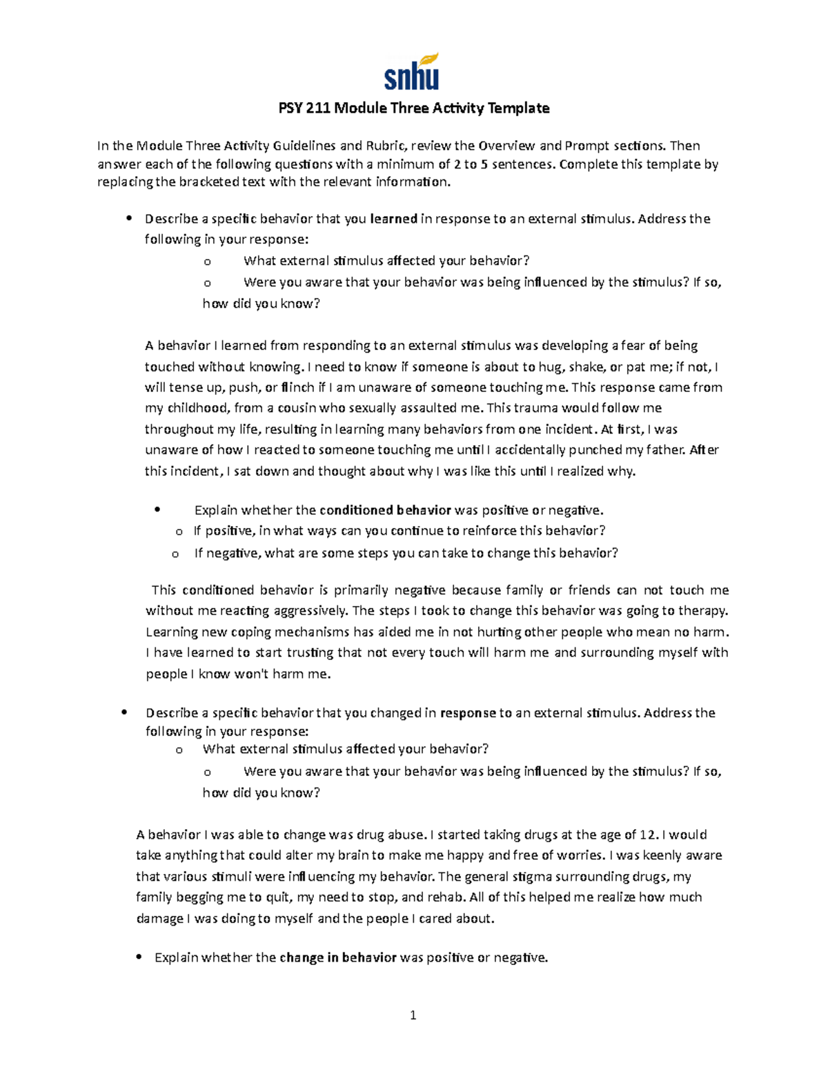 PSY 211 Module Three Activity Template - Then answer each of the ...