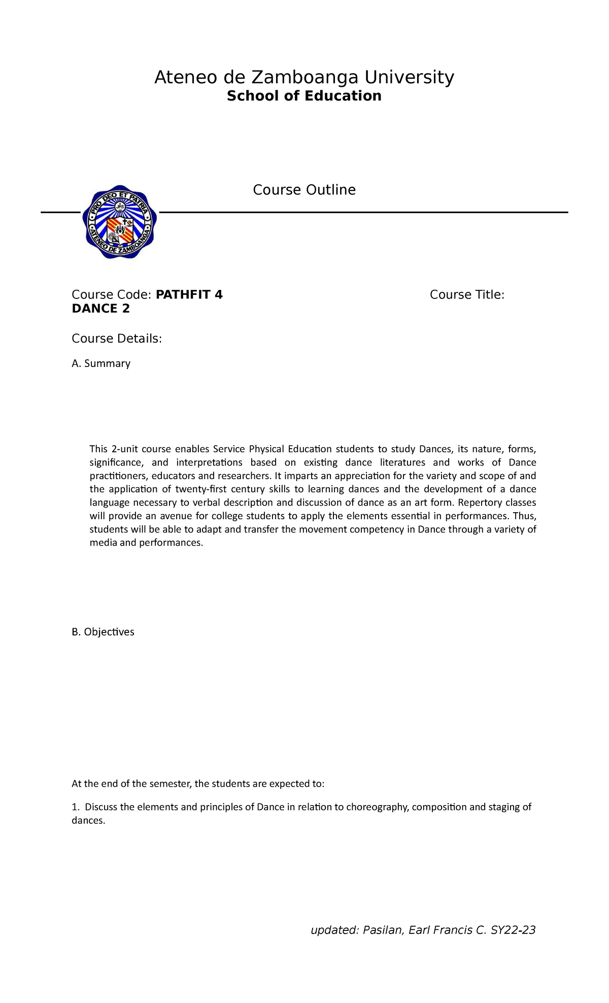 PF4 Dance 2 course outline - School of Education Course Outline Course ...