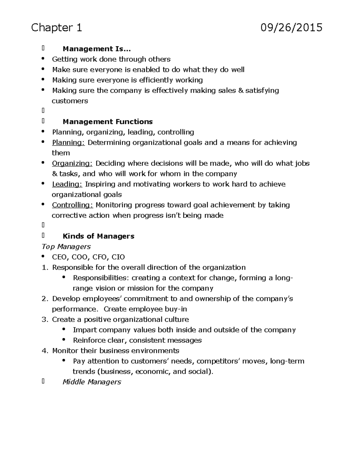 Chapter 1 - management - Chapter 1 09/26/ Management Is... Getting work ...