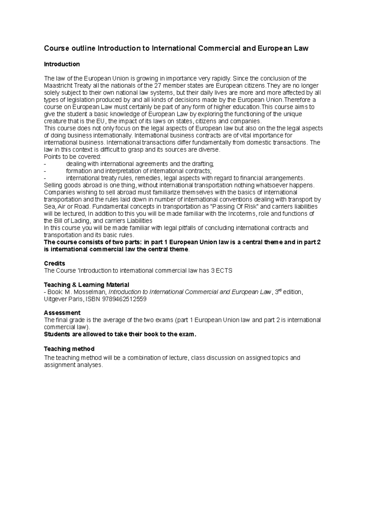 Course outline Introduction to International Commercial and European ...