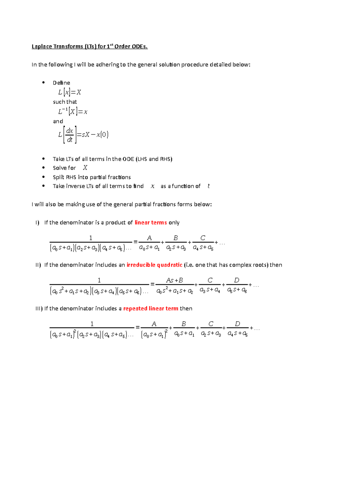 Worksheet 17 Solutions part 1 - Laplace Transforms (LTs) for 1st Order ...