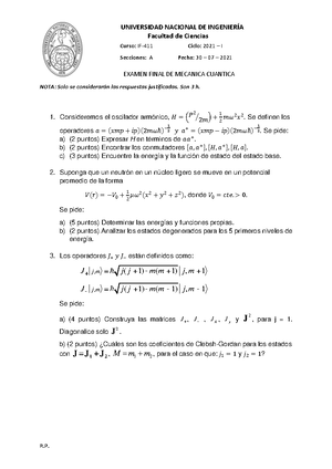 Examen de Mecánica Cuántica de la Universidad Nacional de Ingeniería ...