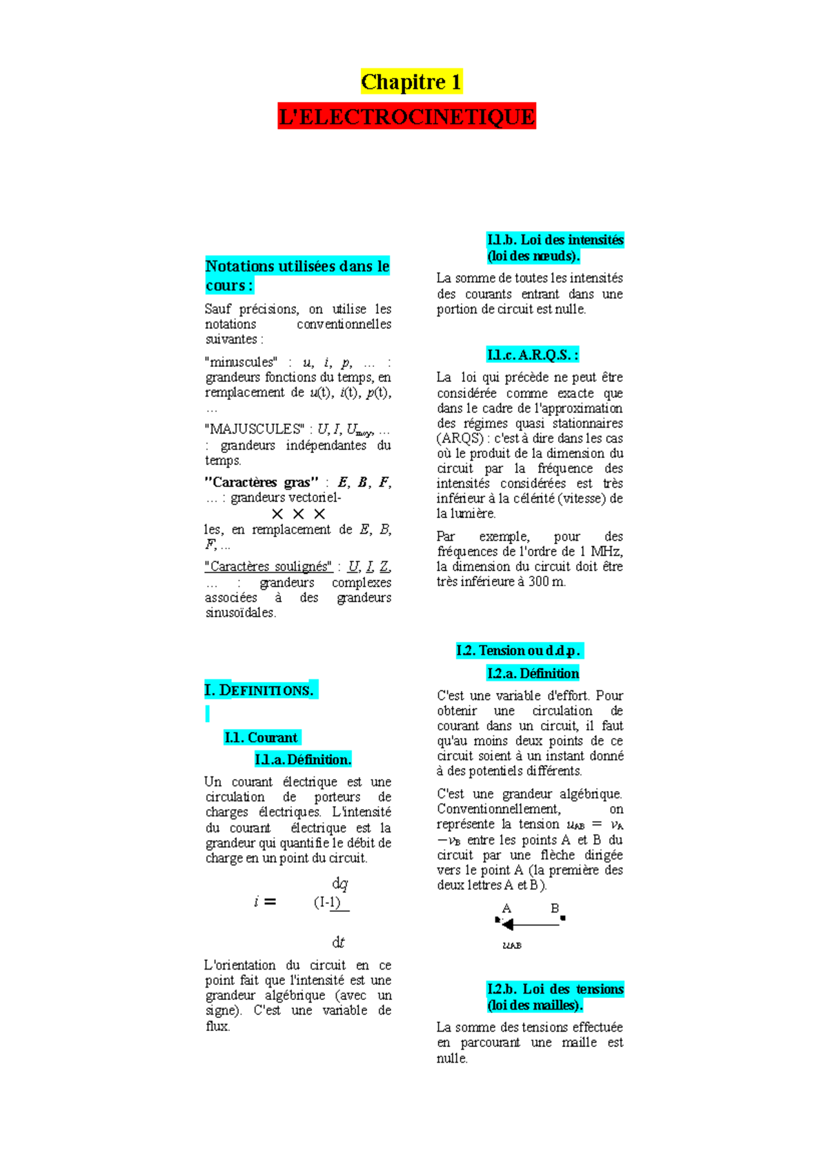 Electrocinétique - Notes de cours 1,2,3,4,5,6,7,8,9,10 - Chapitre 1 L ...