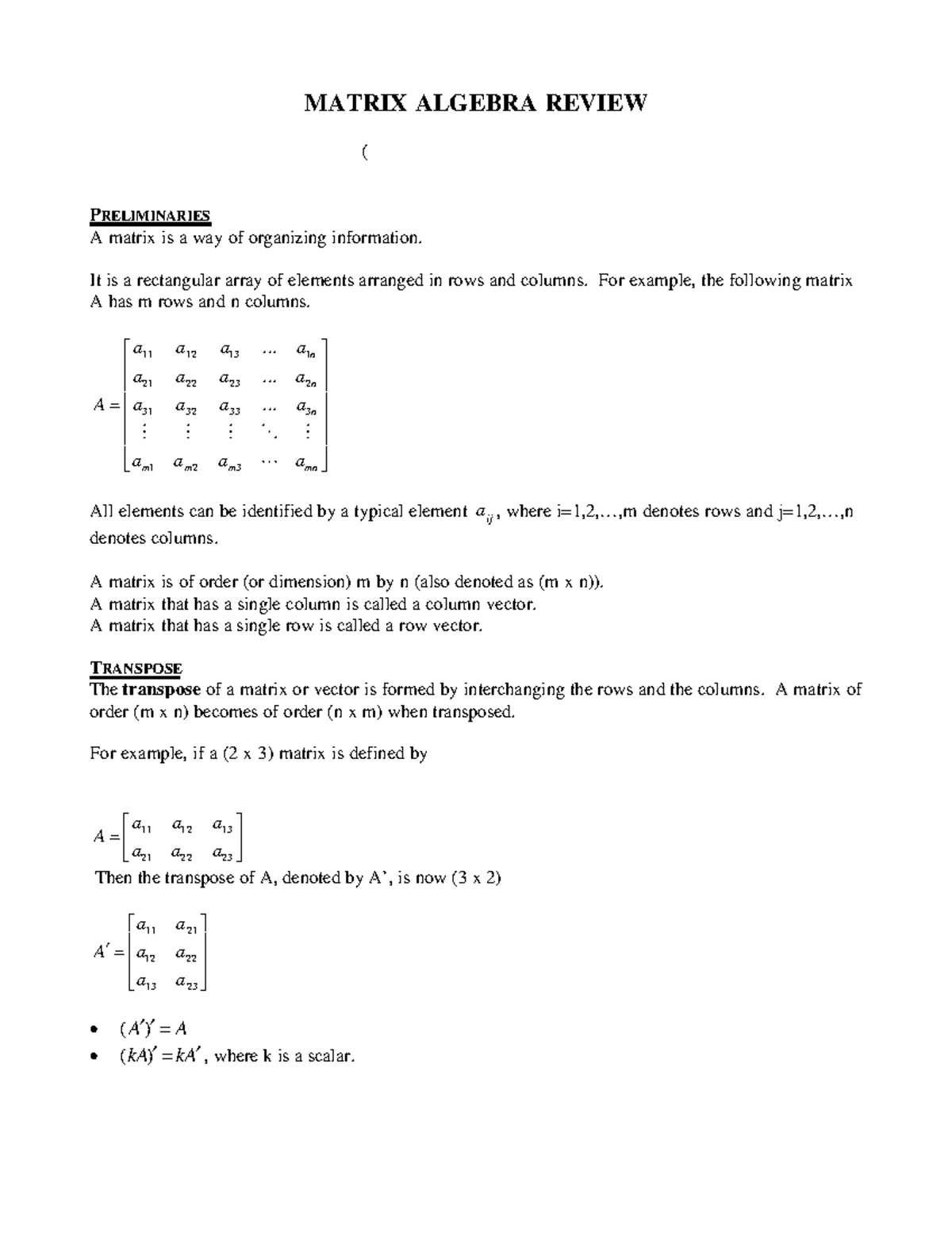 Matrix Algebra Review - matricies - MATRIX ALGEBRA REVIEW ...