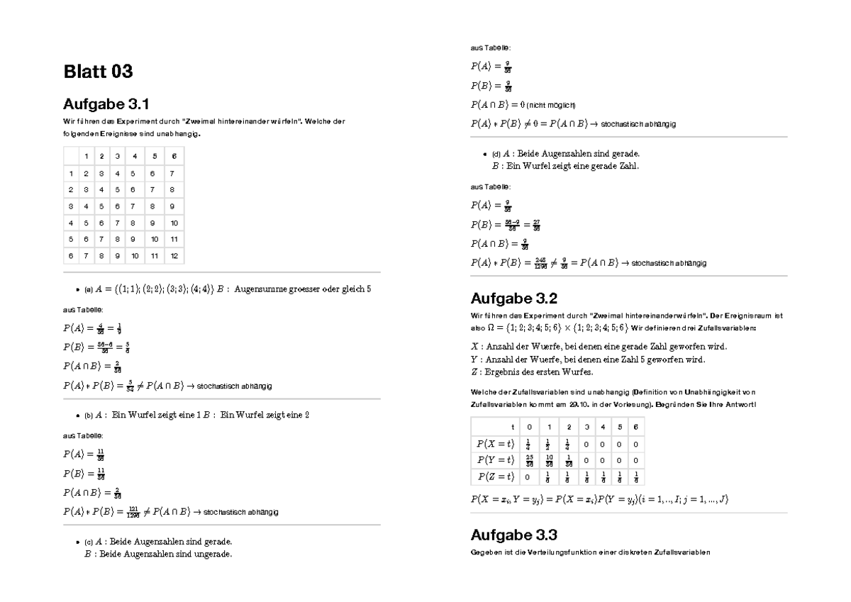 Blatt 03 - Übungsaufgaben-03 - Blatt 03 Aufgabe 3. Wir führen das Experiment durch "Zweimal ...