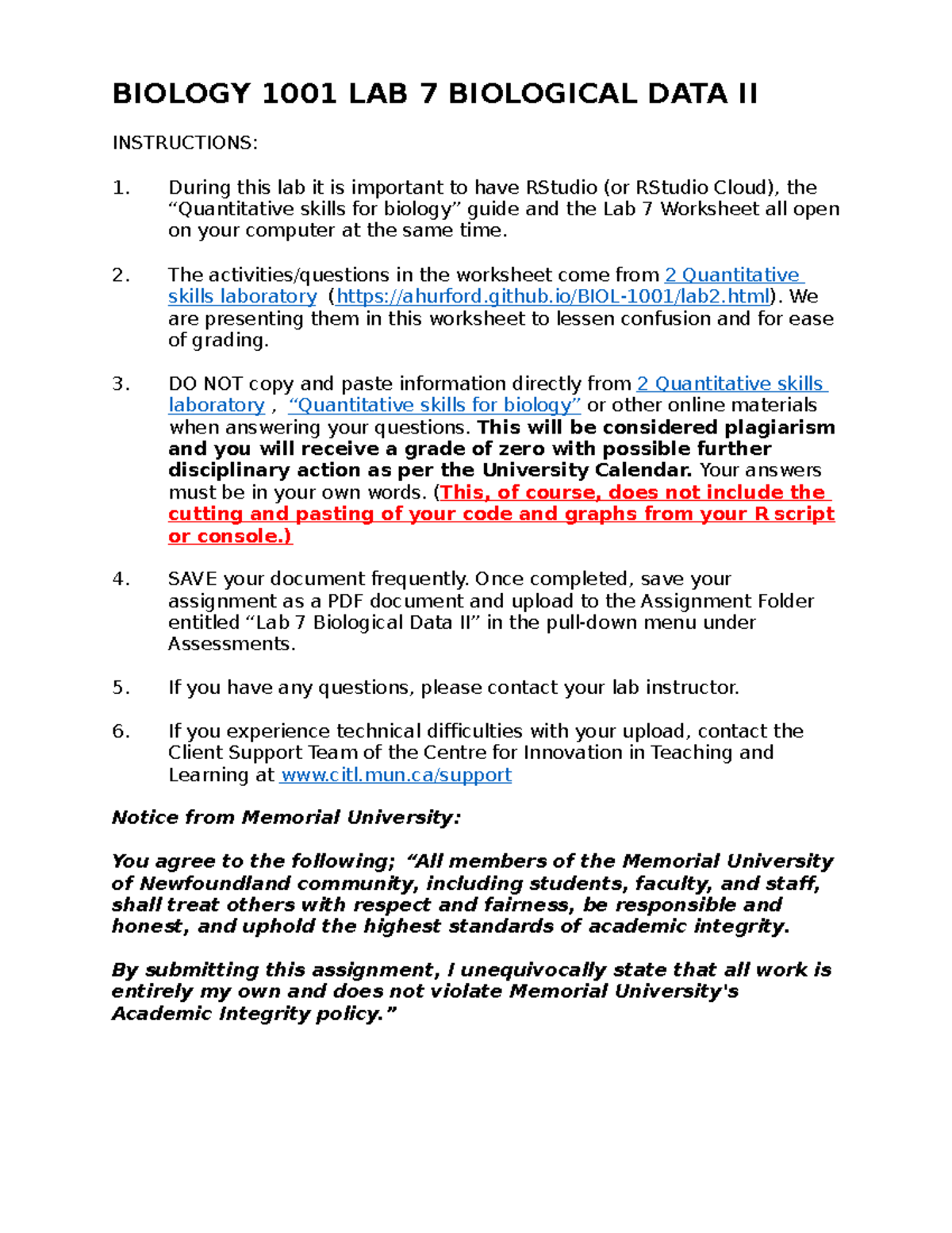 B1001 lab 7 biological data II worksheet I2023 Answered - BIOLOGY 1001 ...