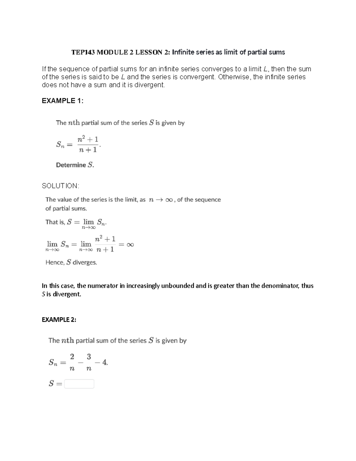 TEP143 Module 2 Lesson 2 - TEP143 MODULE 2 LESSON 2: Infinite series as ...