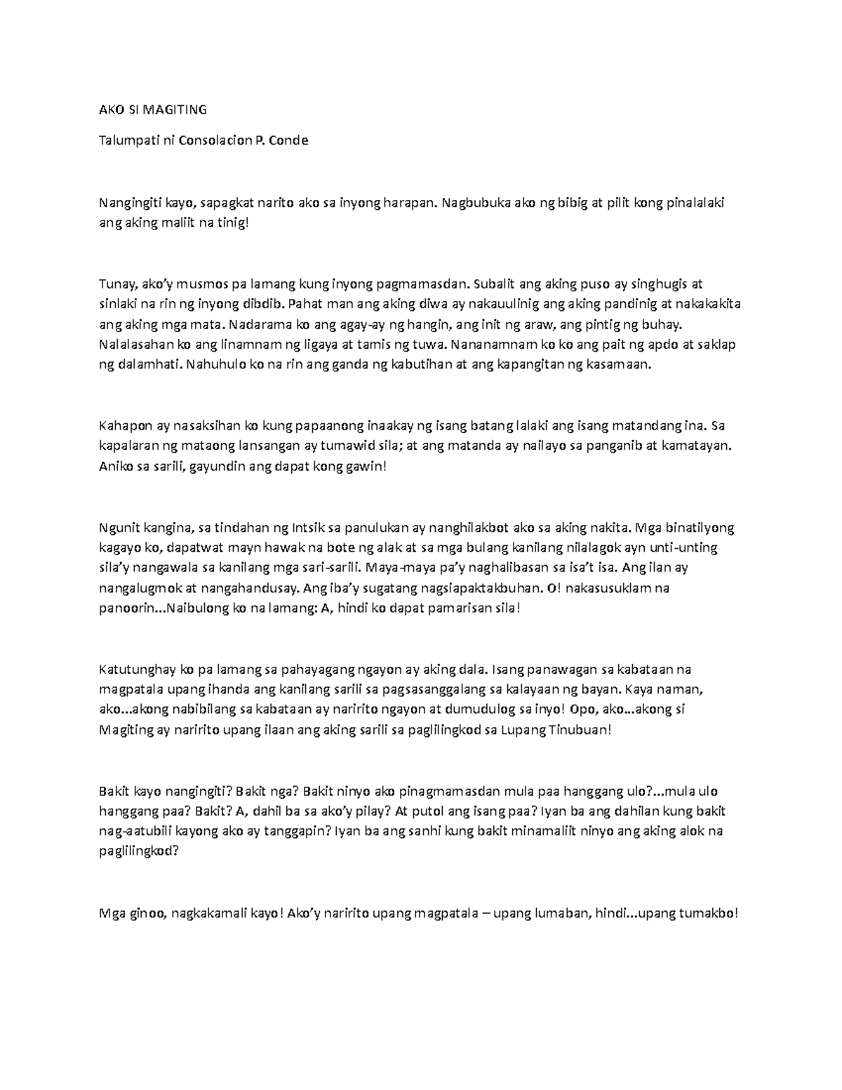 AKO SI Magiting - fsdgfgaadsddfsa - AKO SI MAGITING Talumpati ni Consolacion P. Conde Nangingiti ...