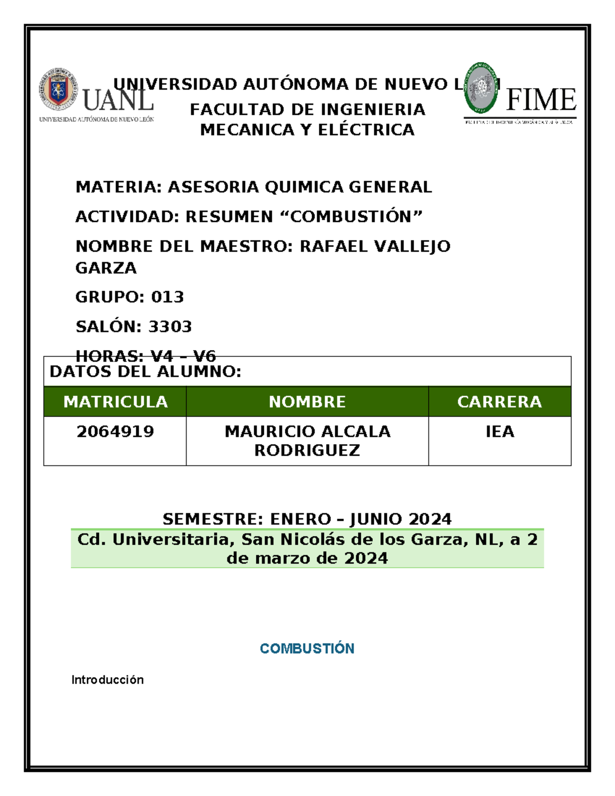 Investigación Combustion - DATOS DEL ALUMNO: MATRICULA NOMBRE CARRERA ...