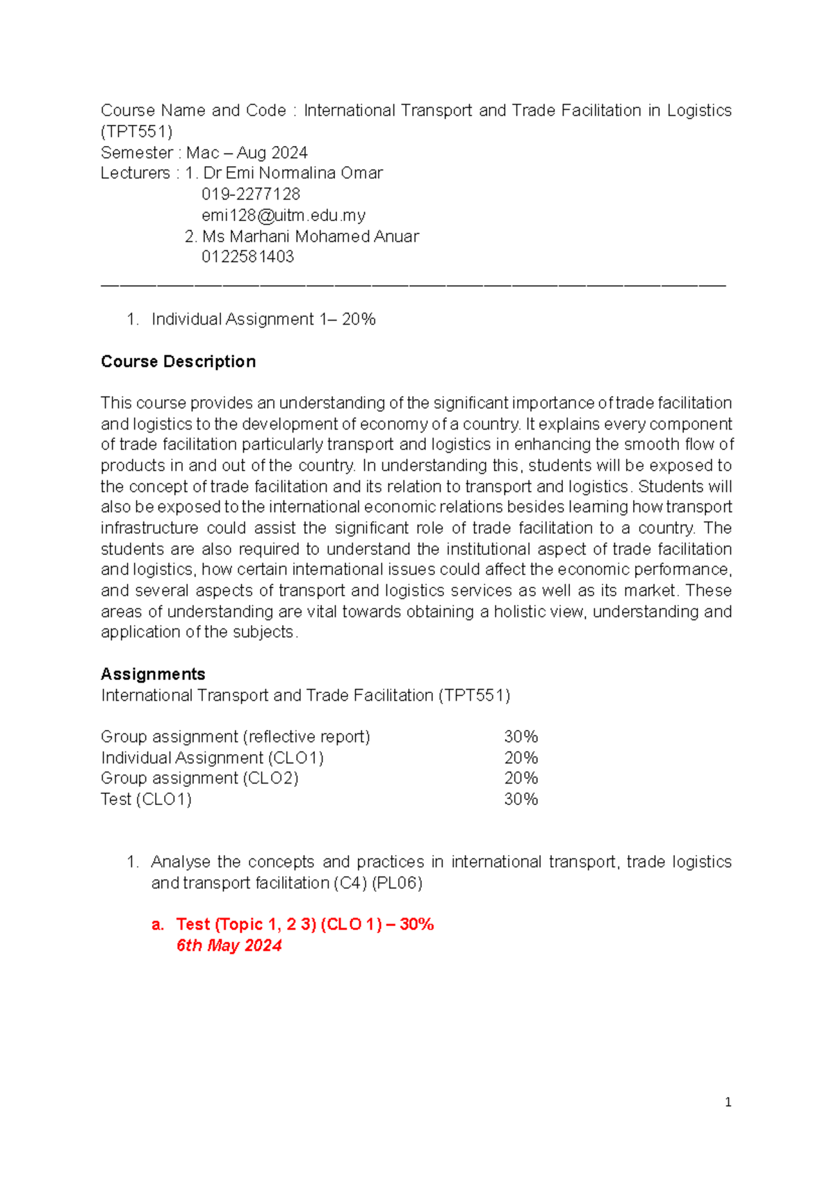 TPT551 Assignment MAC AUG 2024 - Course Name and Code : International ...