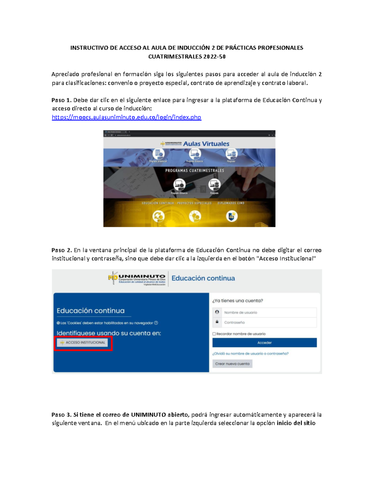 Instructivo Acceso AULA MOOC Inducción 2Q3 - INSTRUCTIVO DE ACCESO AL AULA DE INDUCCI”N 2 DE ...