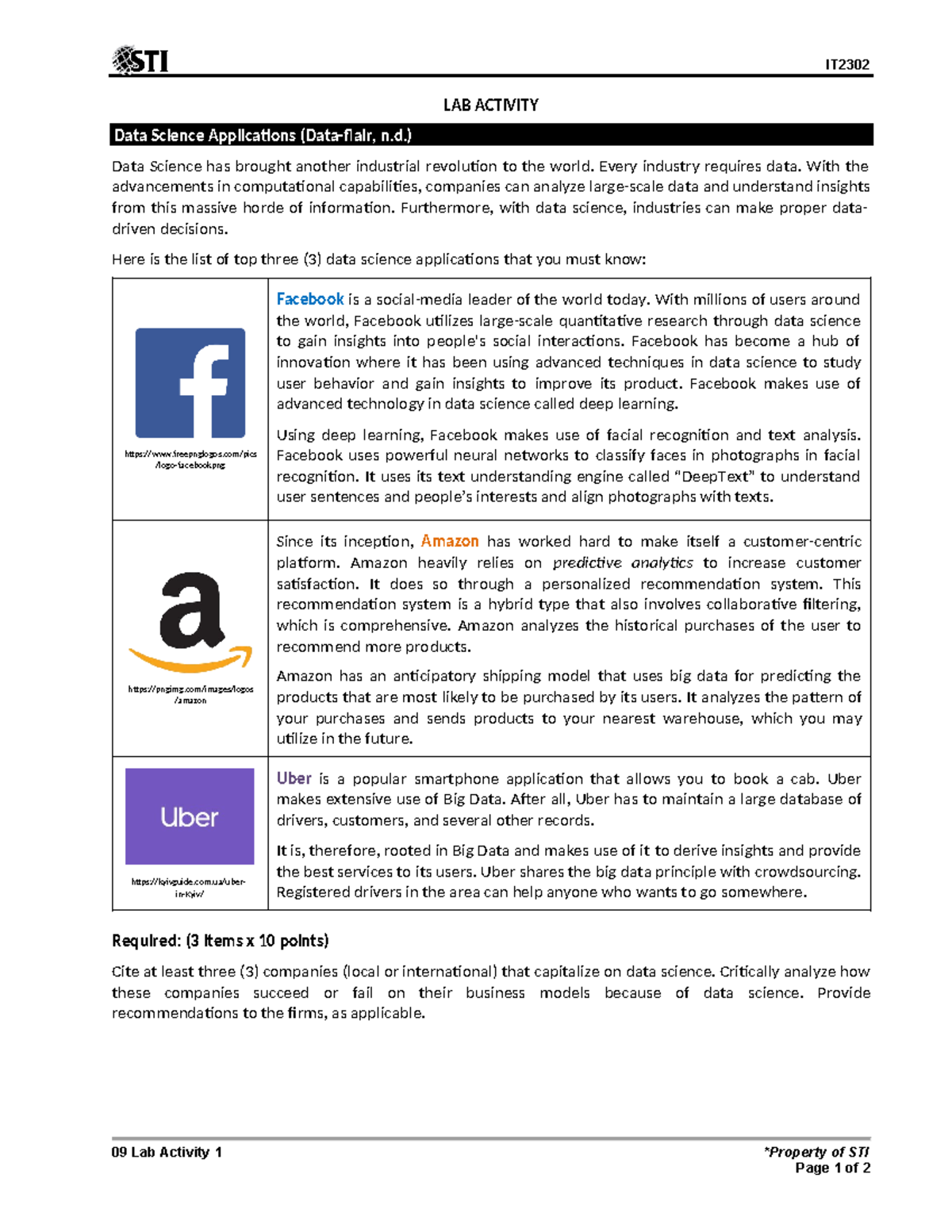 09 Lab Activity 1 - IT 09 Lab Activity 1 *Property of STI Page 1 of 2 ...