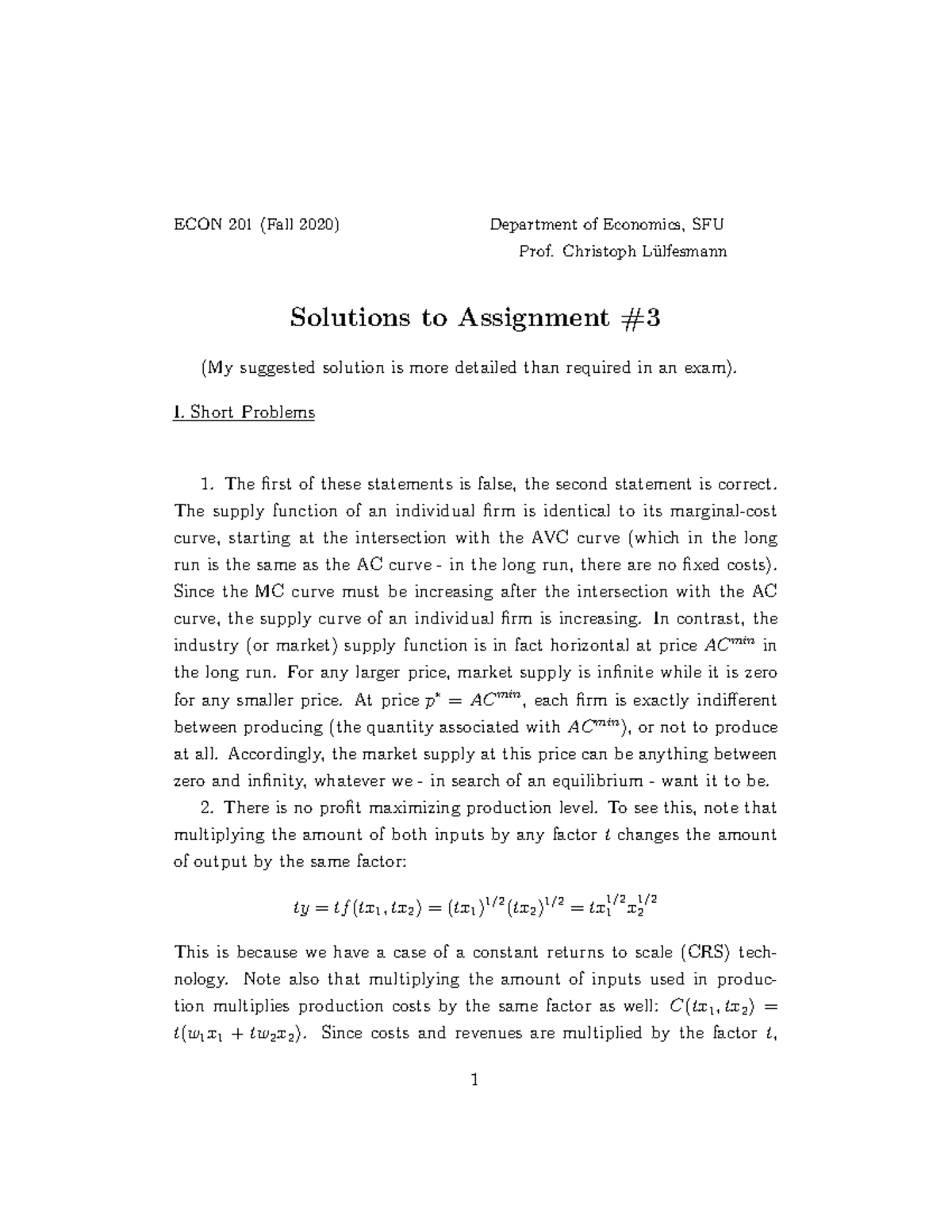 201-Solutions Assignment 3-Fall20 - ECON 201 (Fall 2020) Department of ...