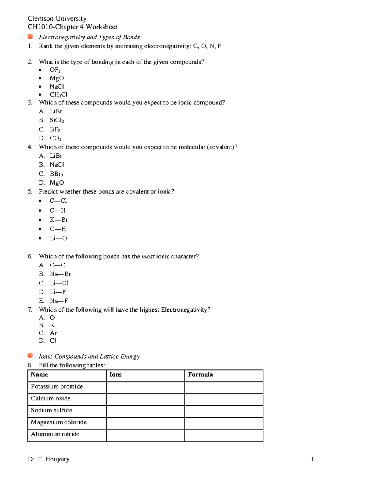 CH1010-Chapter 4 Worksheet - Clemson University CH1010-Chapter 4 ...