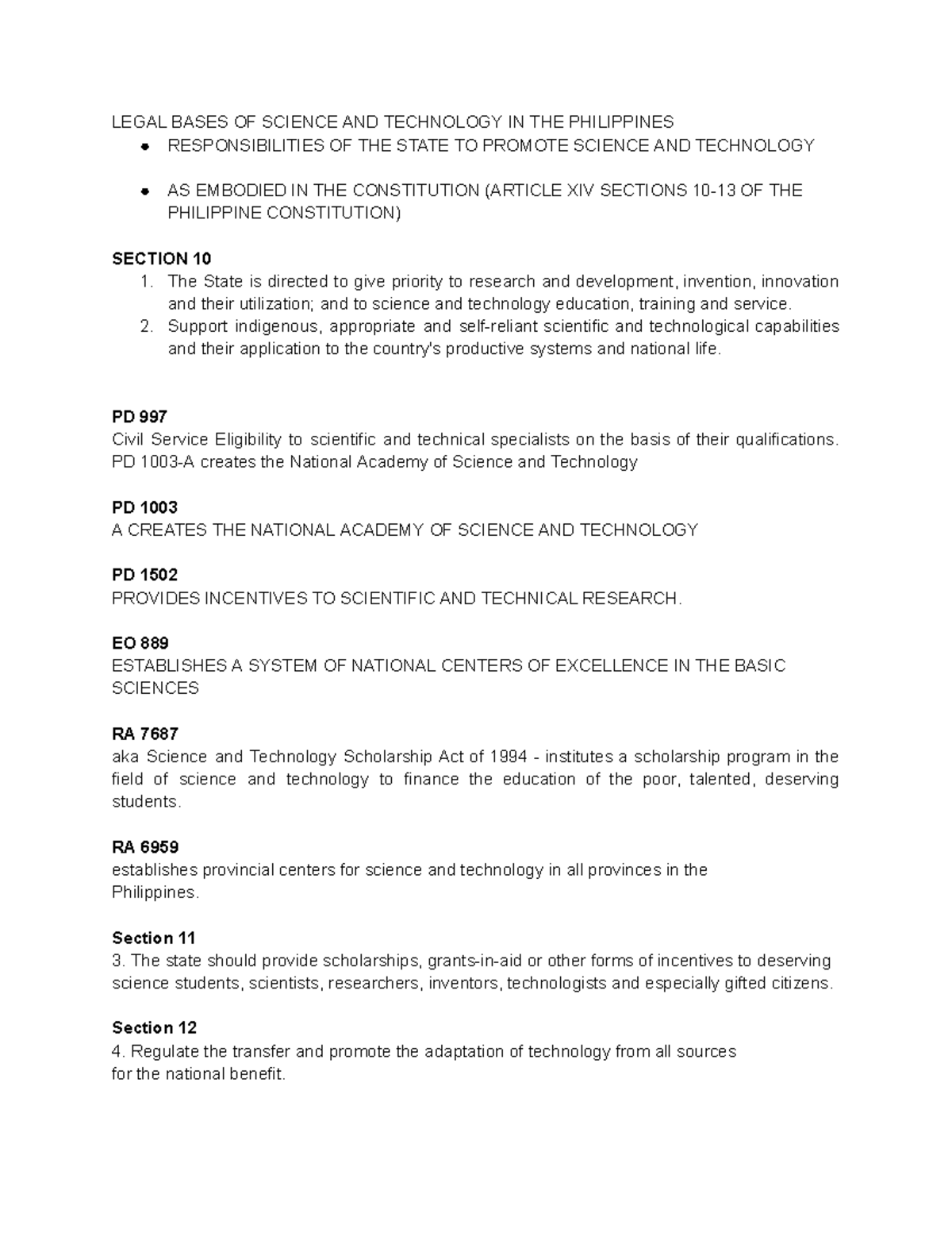 Sts summary - history notes - LEGAL BASES OF SCIENCE AND TECHNOLOGY IN ...