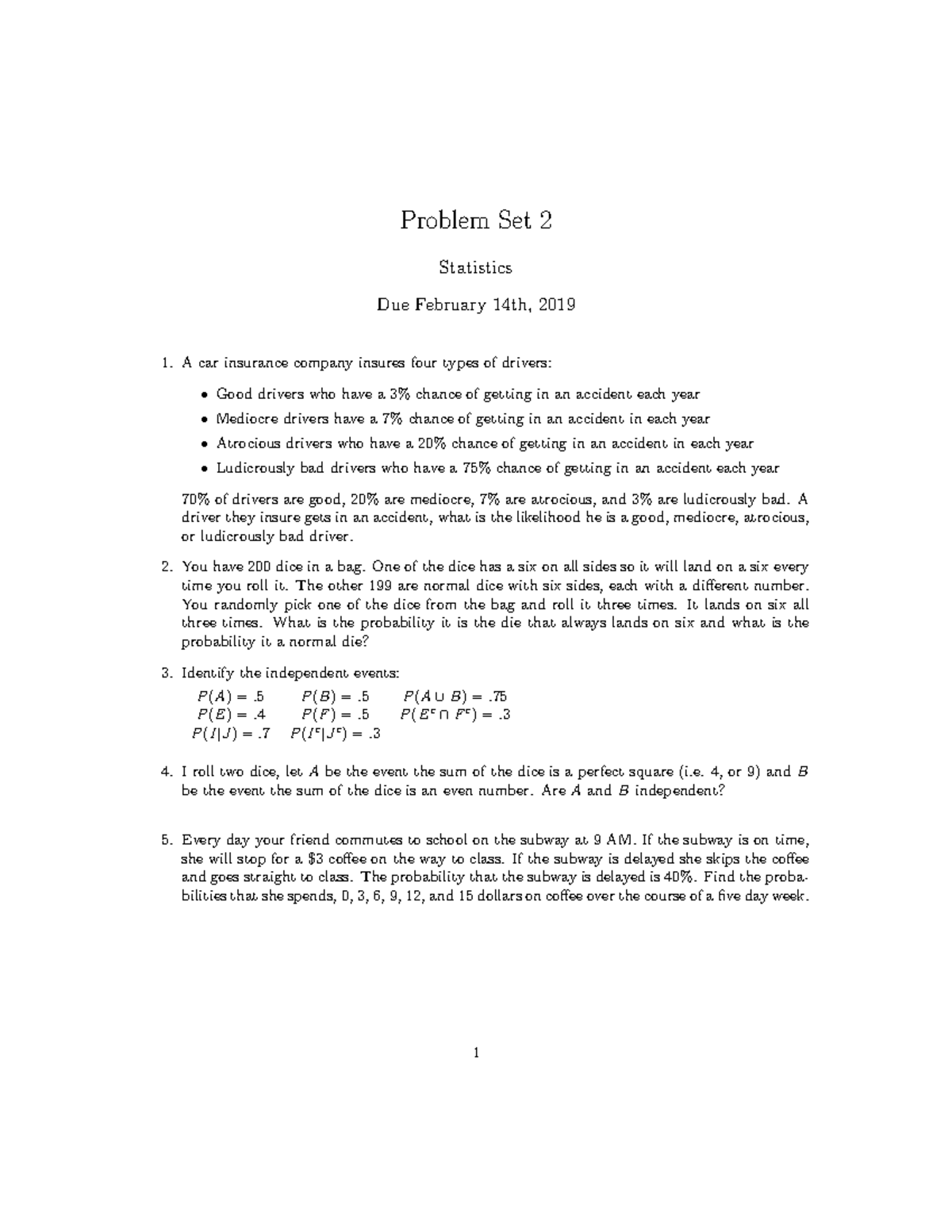 PS2 Statistics - Second Problem Set - Problem Set 2 Statistics Due ...