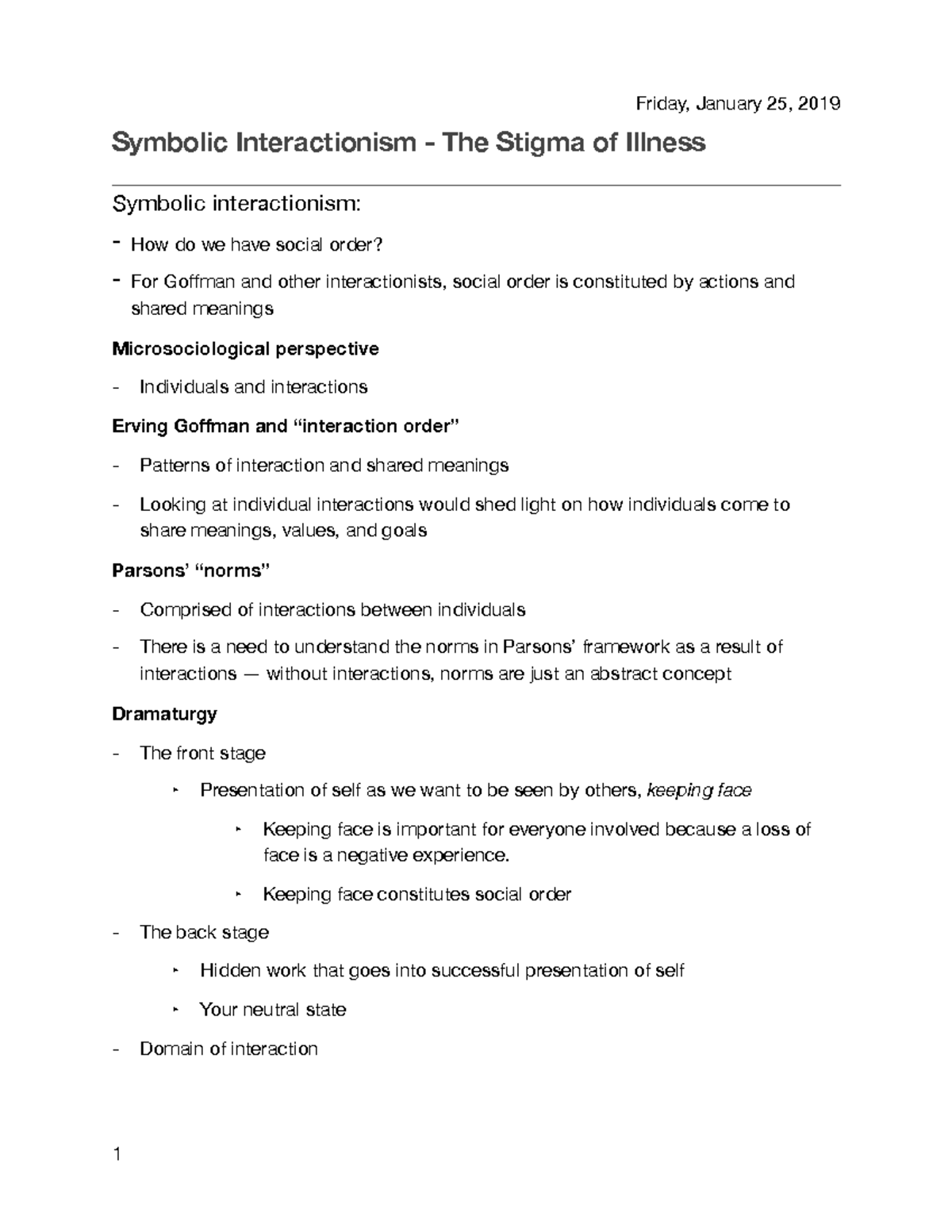 SOCI 321 LECTURE NOTES - Friday, January 25, 2019 Symbolic ...