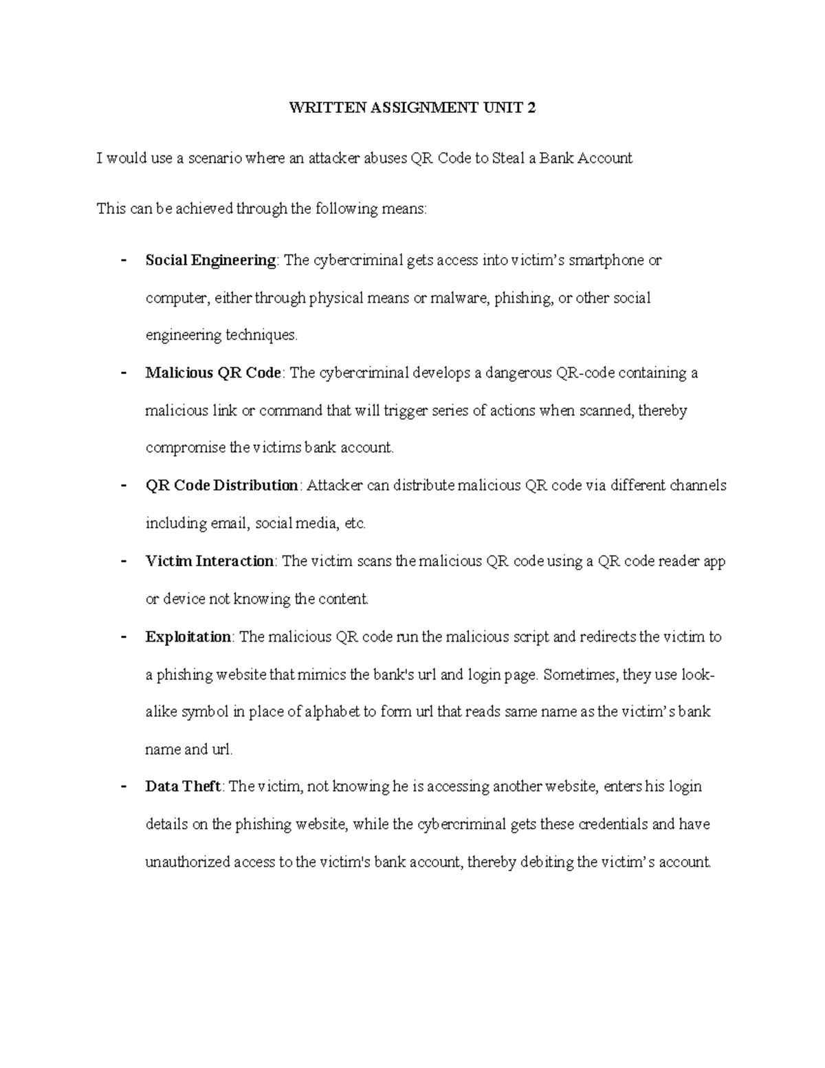 Written Assignment UNIT 2 CS 3340 - WRITTEN ASSIGNMENT UNIT 2 I would use a scenario where an ...